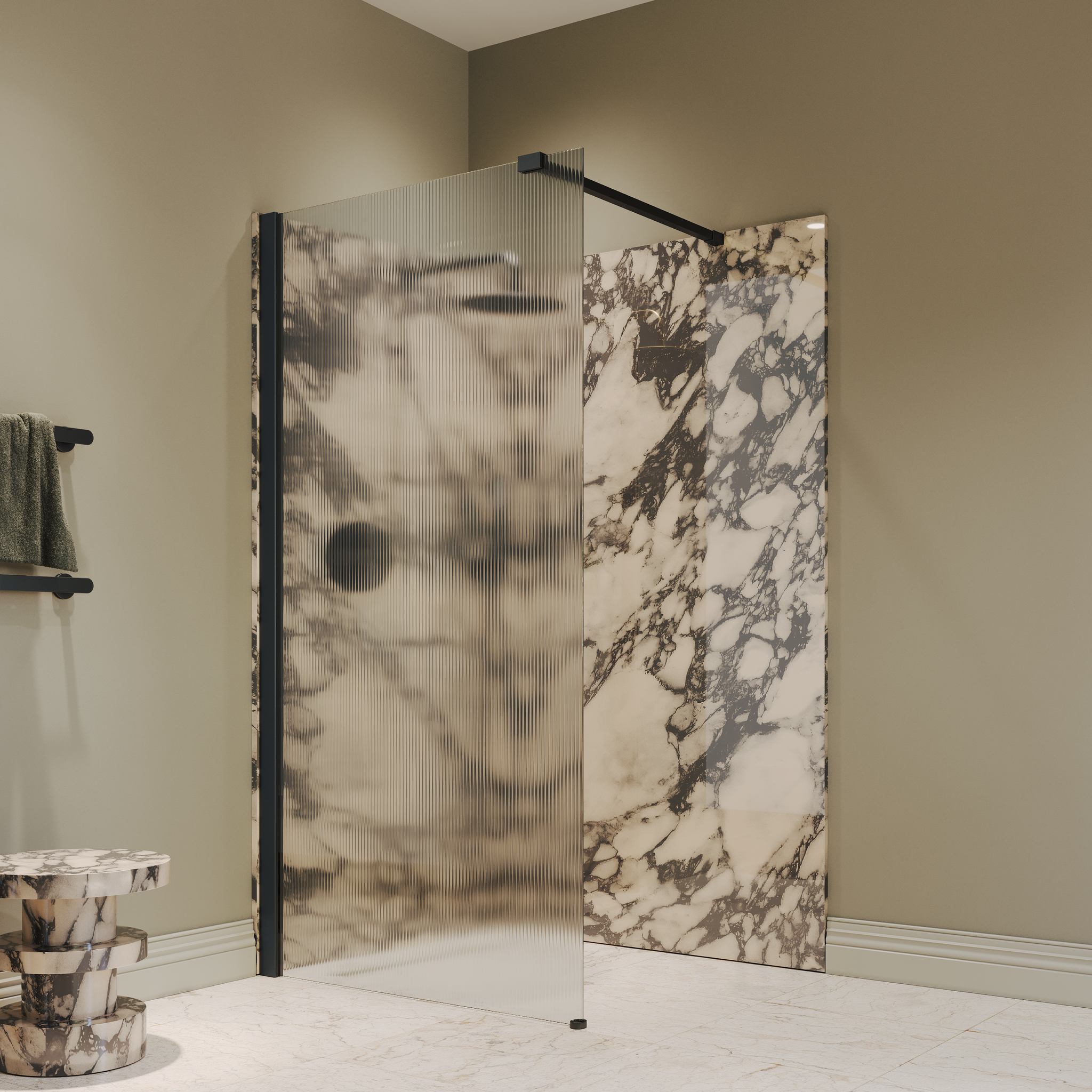 Sterling Reeded Frameless Matte Black Shower Screen