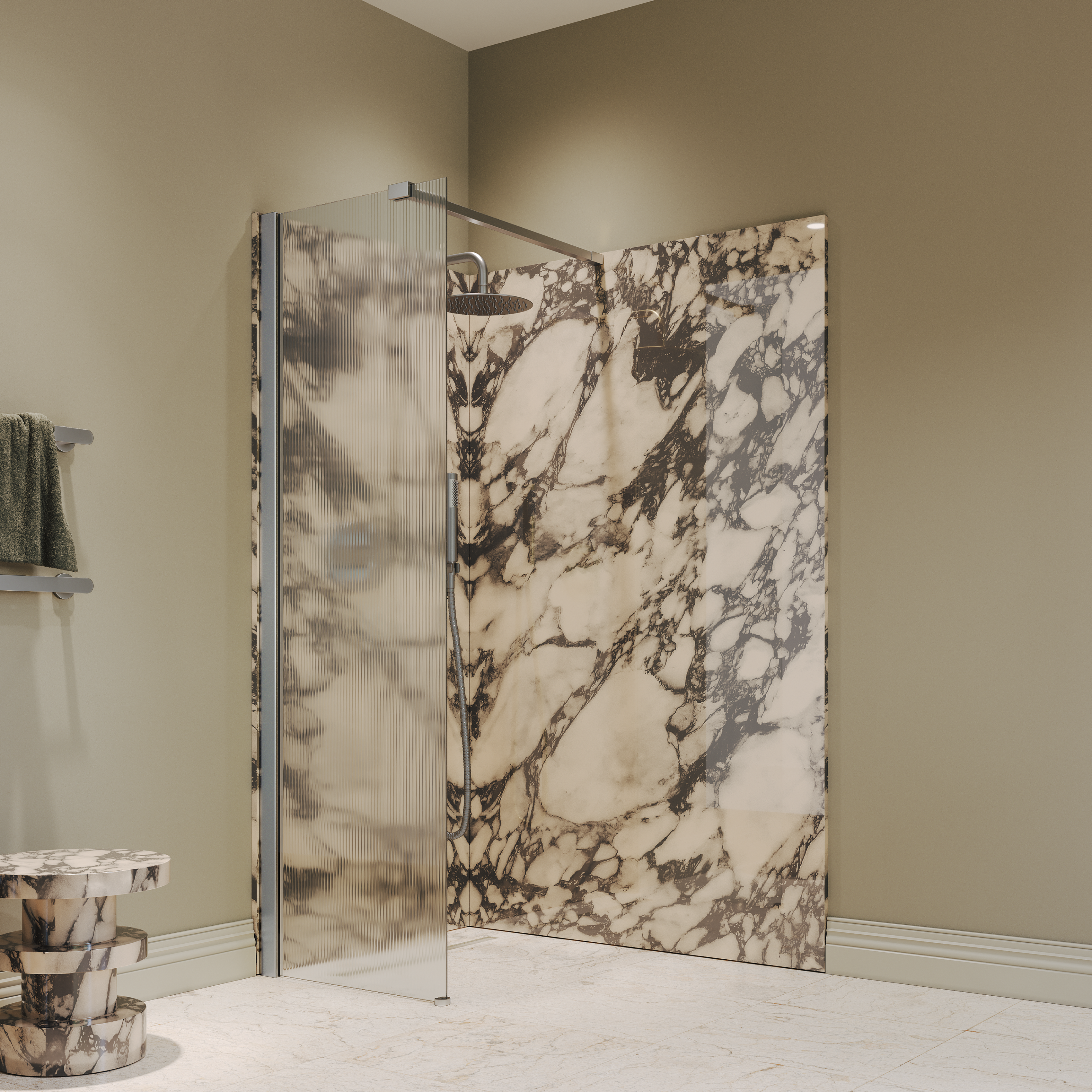 Sterling Reeded Frameless Brushed Stainless Shower Screen