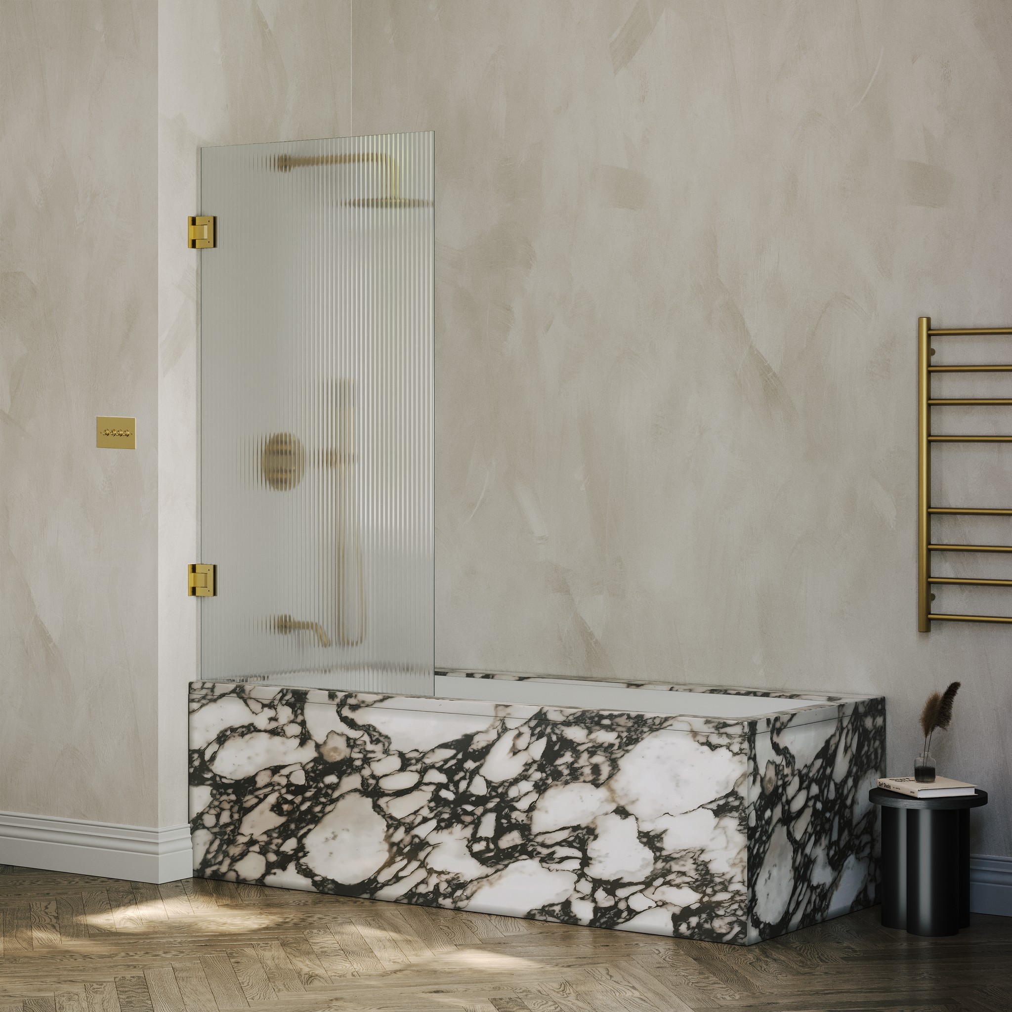 Sterling Reeded Frameless Bath Shower Screen 800mm with Brushed Gold H