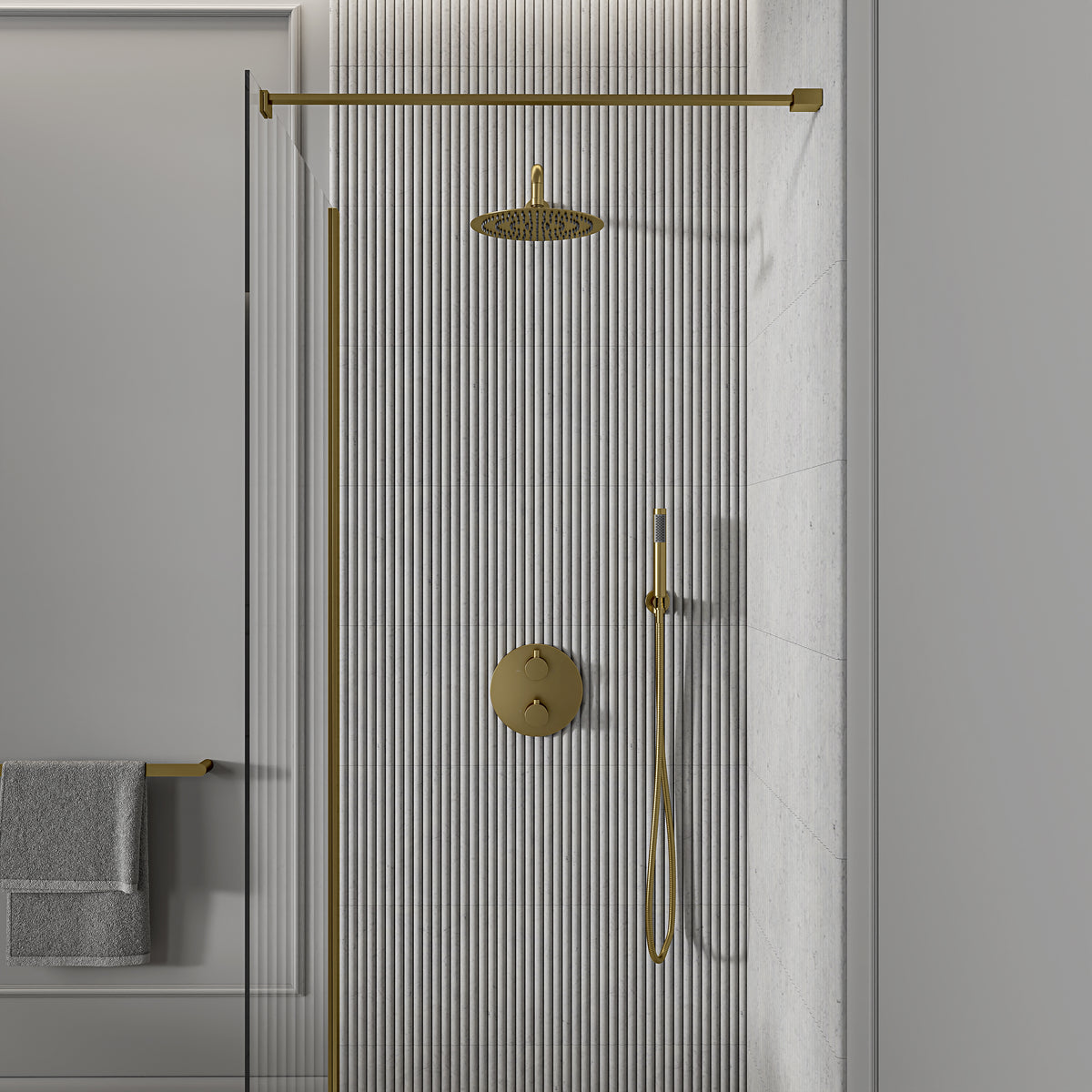 Nuvo Brushed Gold Thermostatic Shower With Handheld Shower