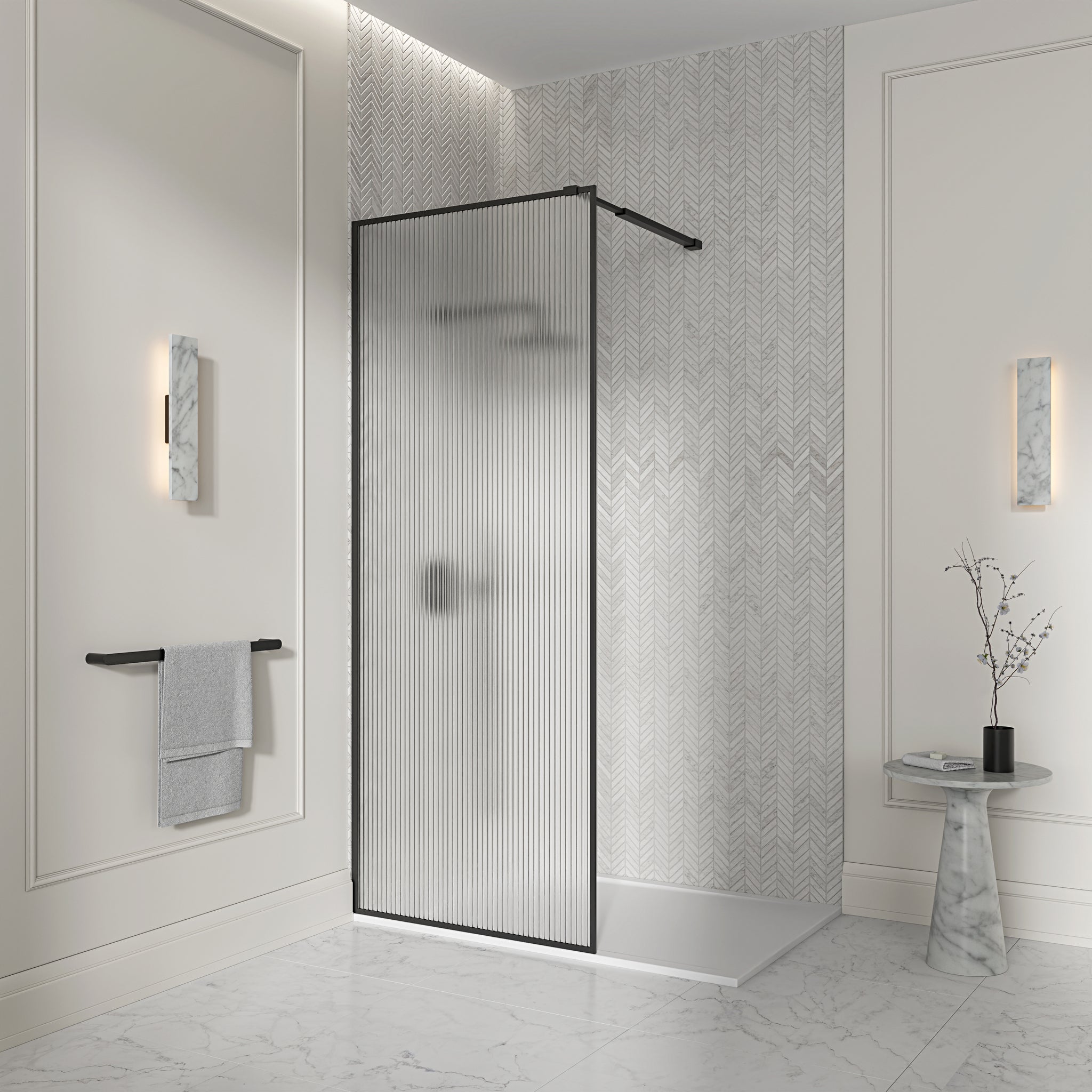 Otley Reeded Glass Matte Black Shower Screen