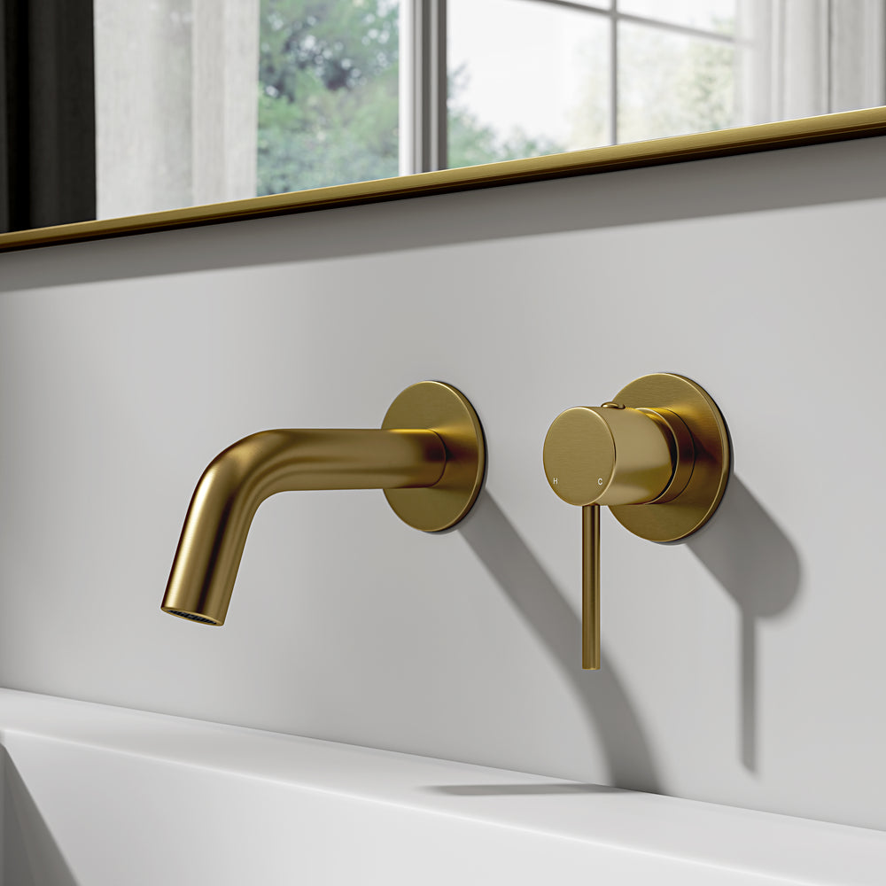 Nuvo Brushed Gold Short Projection Wall Mounted Basin Mixer Tap