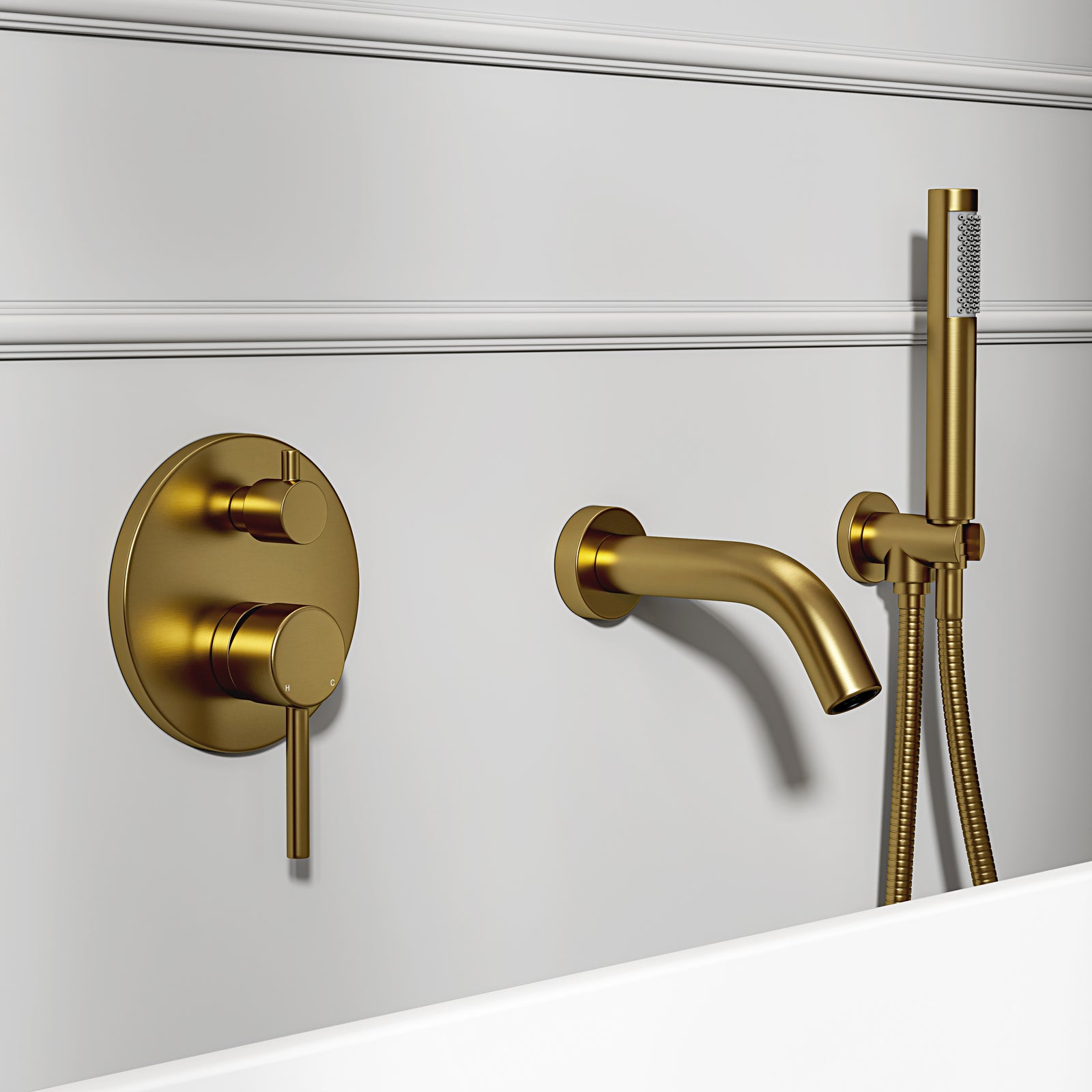 Nuvo Brushed Gold Wall Mounted Bath Shower Mixer Tap